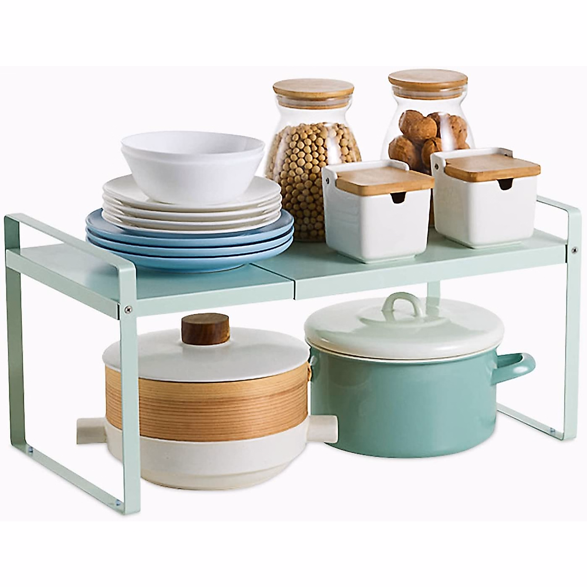 Fairyhouse Expandable Cabinet Organizer Shelf for Kitchen Countertop, Under Sink, Pantry Organization and Storage, Office Desk Shelf, Mint Green