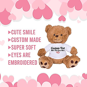 TeesAndTankYou Custom Teddy Bear 8 Inch with Custom Text, Personalized Gift for Anniversary, Graduation, Christmas, Brown Stuffed Animal White Shirt CT