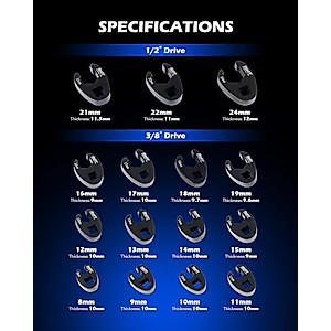 Orion Motor Tech Crowfoot Wrench Set for 8 to 24 mm Flare Nuts, Crowfoot Flare Nut Tool Kit, 15 Piece Large & Small Metric Wrench Set for 3/8" and 1/2" Drives Ratchets Extenders for Nut Removal