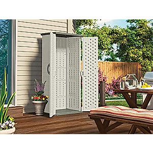 Suncast Vertical Tool Shed - Outdoor Storage Shed for Backyards and Patios - 20 Cubic Feet Capacity for Long Handled Tools and Garden Accessories