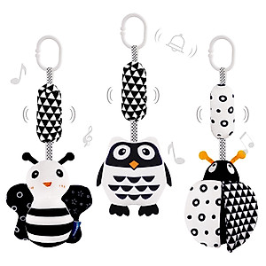 AIPINQI 3 Pack Hanging Rattle Toys,High Contrast Baby Toys and Plush Stroller Toys for Babies 0-18 Months,Newborn Car Seat Toys with Black and White Cartoon Shapes,(Ladybug,Bee & Owl)