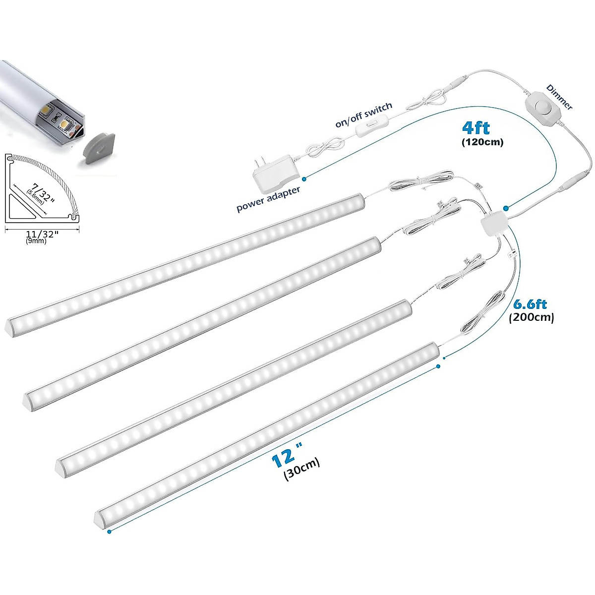 Cefrank V-Shape Under Cabinet Lighting Kit - 4pcs Sleeker 12" Dimmable LED Light Bars for Showcase Shelf Seamless Illumination - 1200lm, 12W - Pure White (6000K)