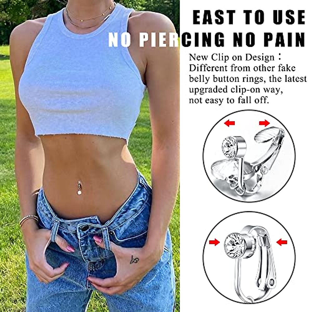 FINREZIO 10PCS Fake Belly Ring for Women Stainless Steel Clip on Belly Button Rings Dangle Navel Rings CZ Opal Evil Eye Moon Butterfly Non Piercing Fake Belly Piercing Jewelry