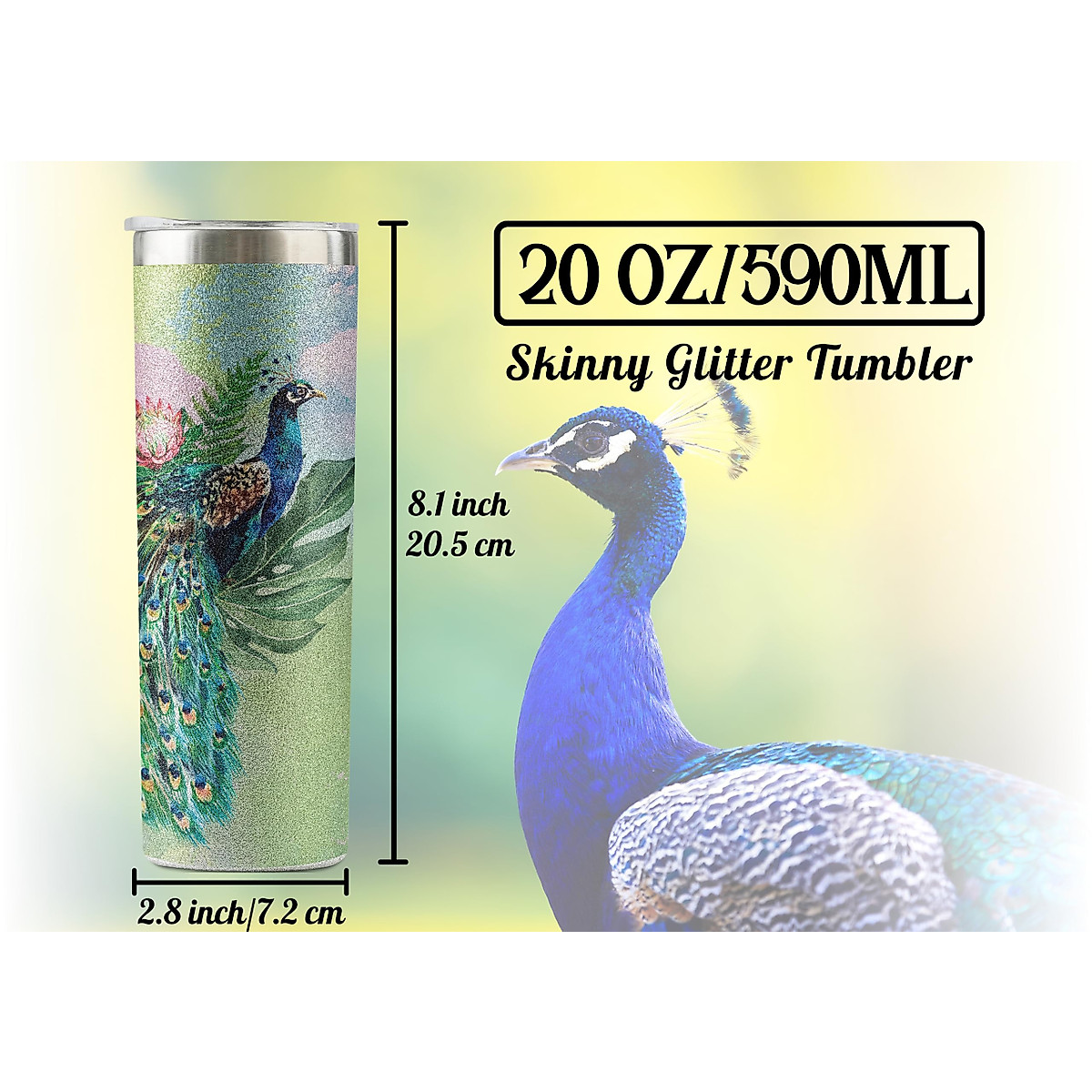 Onebttl Peacock Skinny Glitter Tumbler Gifts For Women, Female and Her - Peacock - 20oz/590ml Stainless Steel Insulated Tumbler with Straw, Lid - Gift for Peacock Lovers - Green