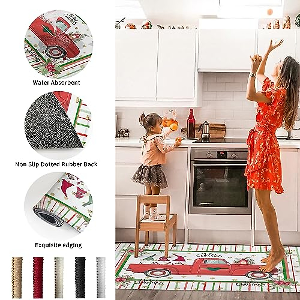 Christmas 2 Pieces Kitchen Rugs and Mats Set, Christmas Red Truck with Gnome Green Stripes Kitchen Mats Cushioned Floormat Non Slip Runner Rug Set for Kitchen Laundry Entryway, 19.7"x31.5"+19.7"x47.2"