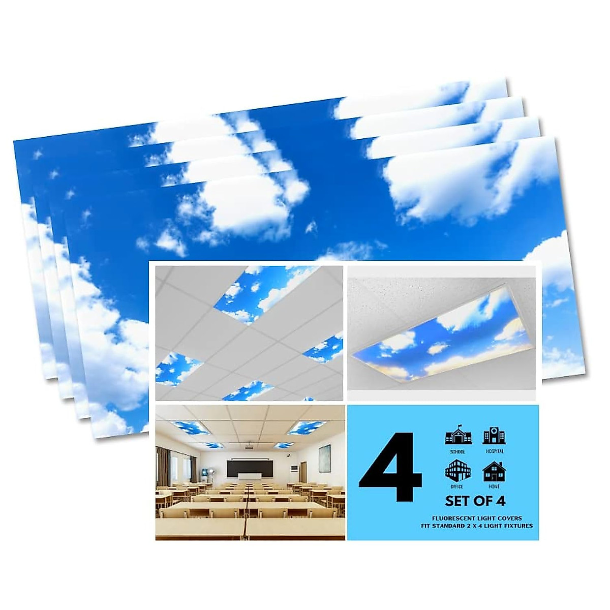 ShadeMAGIC - 4 Pack of Fluorescent Light Covers - 2x4 Film Insert for Ceiling Light Diffuser Panels - Sky Clouds - for Classrooms and Offices - Decorative Lighting (4)