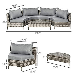 Outsunny 5PC Outdoor Patio Furniture Set Garden Sectional Rattan Wicker Sofa Set Cushioned Half-Moon Seat Deck w/Pillow, Gray