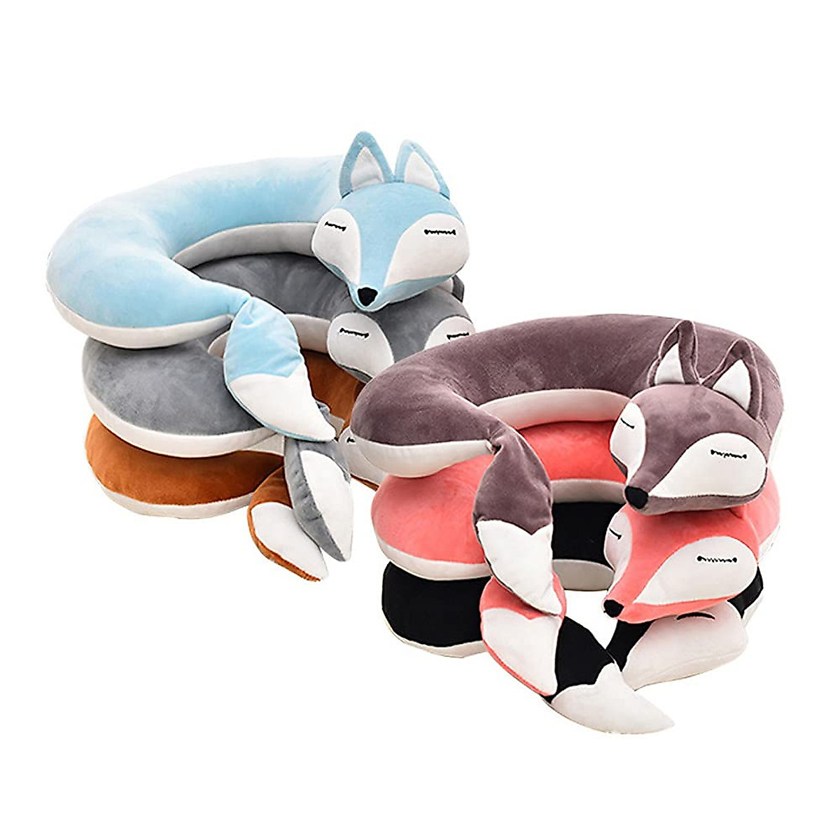 ausuky Cute Cartoon U Shape Neck Pillow Anime Plush Doll Fox Animal Travel Car Pillow (Black)
