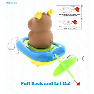 Dollibu Boat Racer Buddy, Fun Educational Bath Toy Finger Puppet Pull and Go Water Racing Woodland Pal for Shower Pool Bathtub Swim Hard Surface for Baby Toddler and Boy - 6 Inch - 3 in 1 Game - Moose