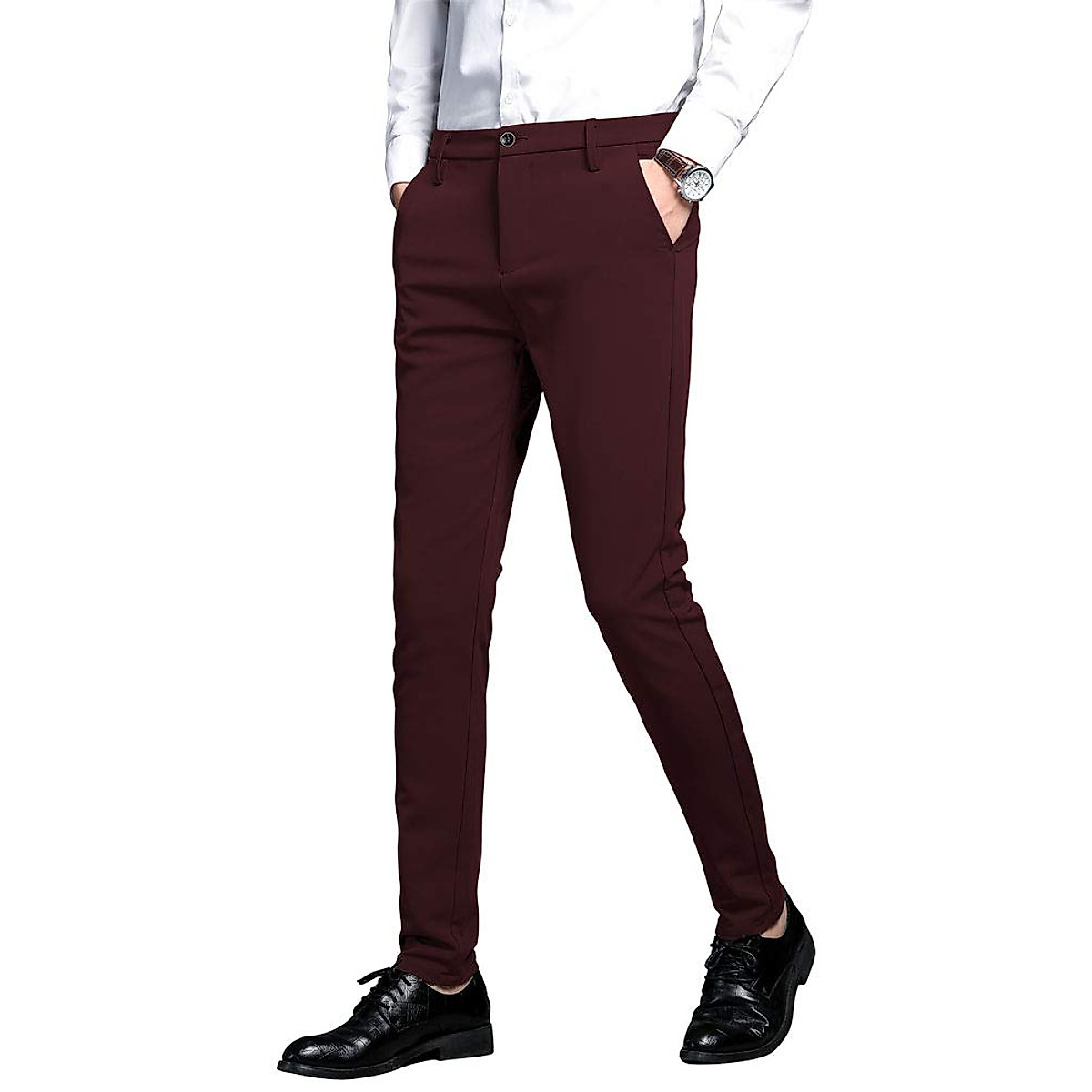 Plaid&Plain Men's Stretch Dress Pants Slim Fit Skinny Suit Pants 7101 Burgundy 32W32L