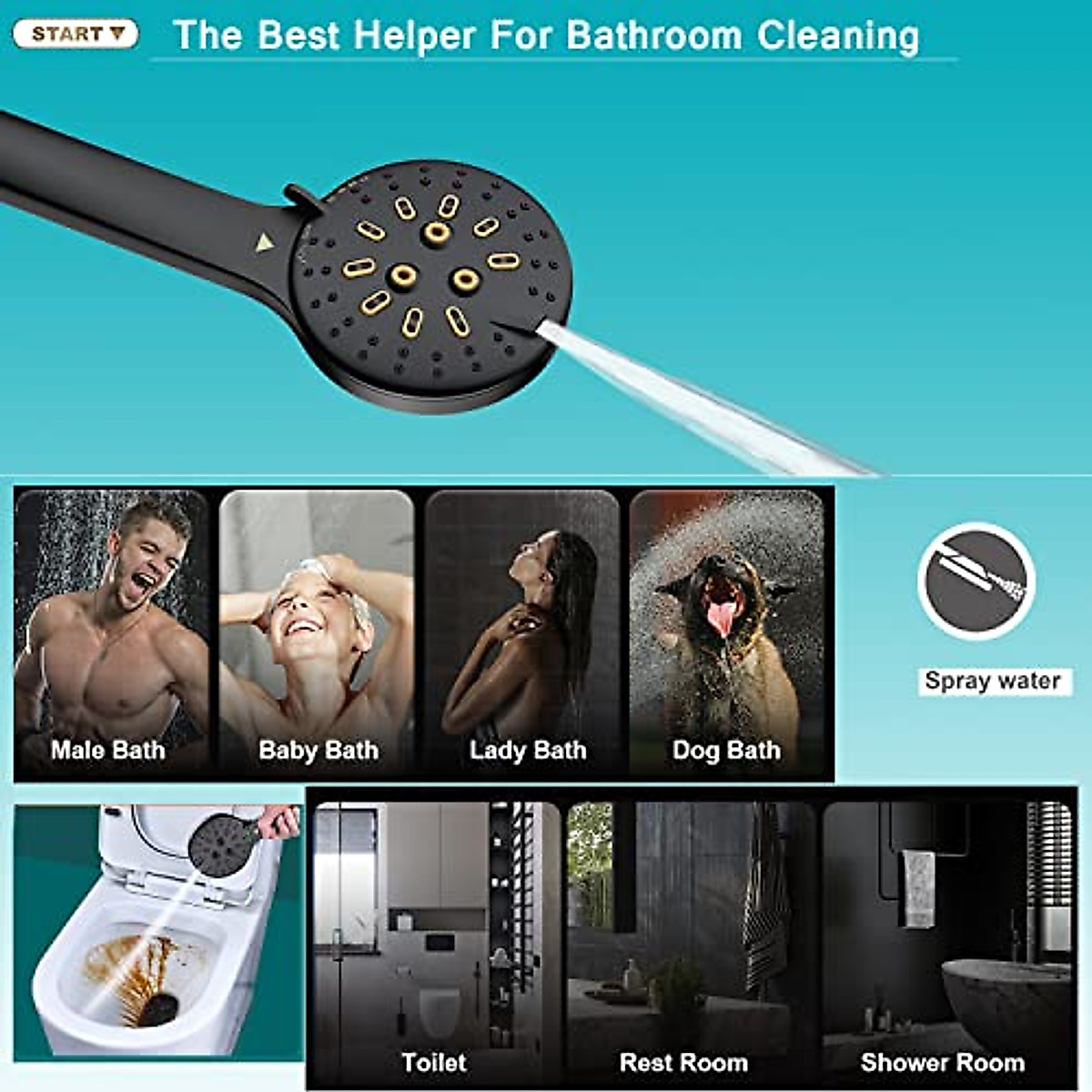 Rainfall Shower Head Combo, 12'' High Pressure Square Rain Shower with 6-Function Adjustable Spray Handheld with 13'' Extension Arm and 78'' Hose, Water Temperature Reminder, Matte Black, AWAXFOLO