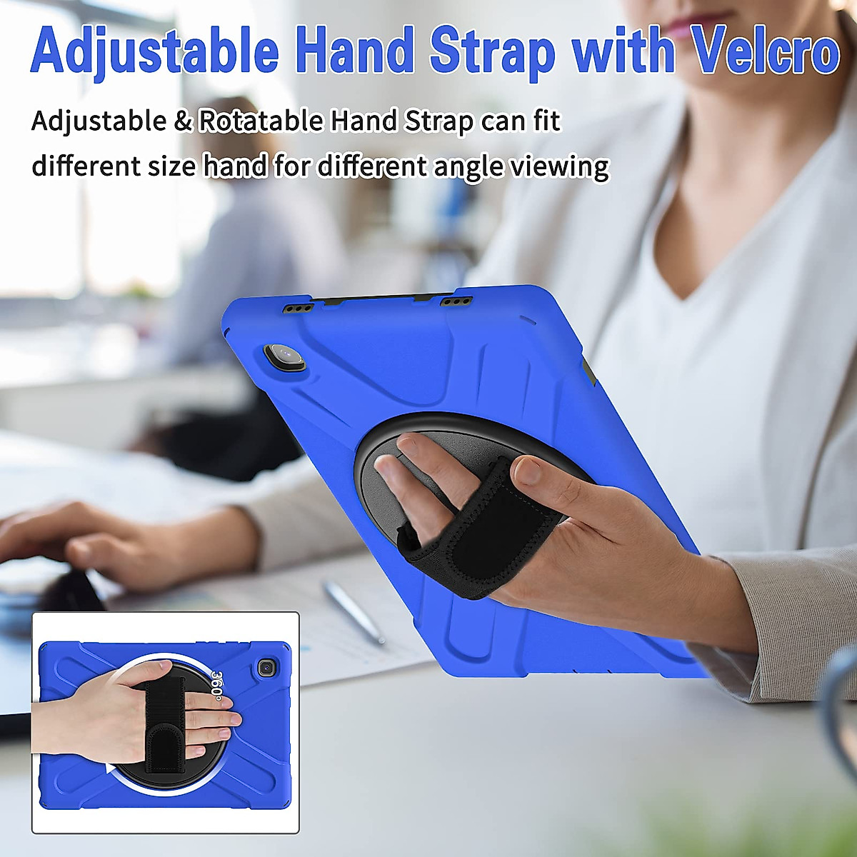 Rugged Case for Samsung Galaxy Tab A7 10.4" 2022/2020(SM-T500/T503/T505/T507/T509), Portable Hybrid Shock-Proof Cover with 360° Rotatable Hook&Loop Handle,Shoulder Strap (Blue)