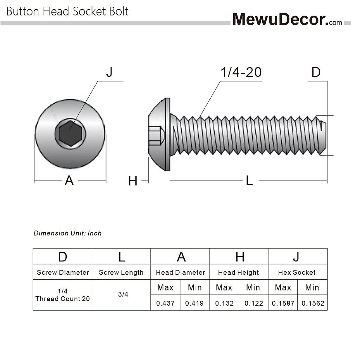 1/4-20 x 3/4" Button Head Socket Cap Screws, Allen Socket Drive, Black Oxide, Alloy Steel Class 10.9, Fully Threaded, Machine Thread, 25 PCS