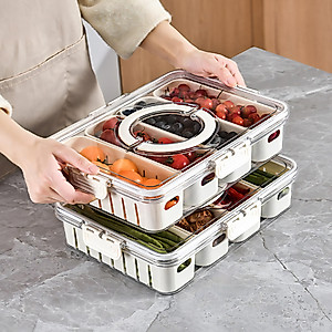 2Pack Divided Veggie Tray with Lid and Handle 4 Compartment Serving Tray with Dividers Portable Travel Snack Storage Containers Stackable Snackle Box Charcuterie Container for Fruit,Vegetable,Salad