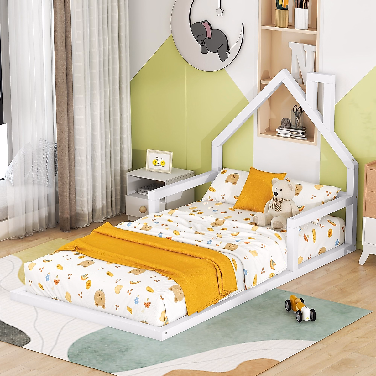 Floor Bed for Kids, Twin Size Montessori Bed with House Shape Headboard and Railings, Wood House Bed with Slats for Boys Girls, Low to Ground Height, No Box Spring Needed, White