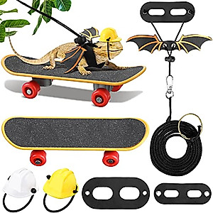 5 Pieces Bearded Dragon Accessories Toy Set Bearded Dragon Leashes and Harnesses S/M/L 3 Size Packed Lizard Harness Mini Scooter Lizard Helmet Hats Adjustable Bearded Dragon Leash (Black)