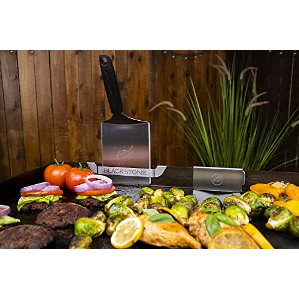 Blackstone 5188 Rear Gate, 3 Magentic Hooks and Tool Combo, Flat Top Griddle Accessories, Stainless Steel Barbeque Cooking Utensil Holder and Grease Guard, 1, Silver