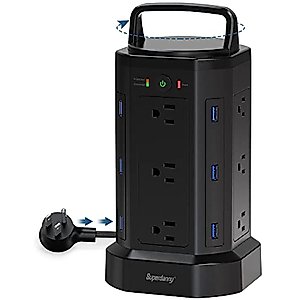 Power Strip Surge Protector Tower 2100J, SUPERDANNY Extension Cord with Multiple Outlets, 12 AC 6 USB Charging Station, Handle Cord Retracting, 6.5ft Overload Protection for Garage, Workbench, Black
