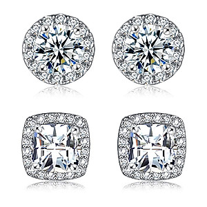 18K White Gold Plated Round Square Cubic Zirconia Simulated Diamond Halo Stud Earrings (2 Pairs)