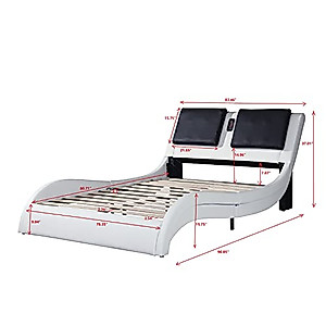 Upholstered LED Bed Frame, King Size Smart LED Platform Bed Frame with Curve Design and Headboard, Wooden Slats Support, No Box Spring Needed, White
