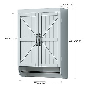 SRIWATANA Bathroom Storage Wall Cabinet Over The Toilet with Adjustable Shelf, Space Saver 2-Door Medicine Cabinet with Metal Bar, Gray