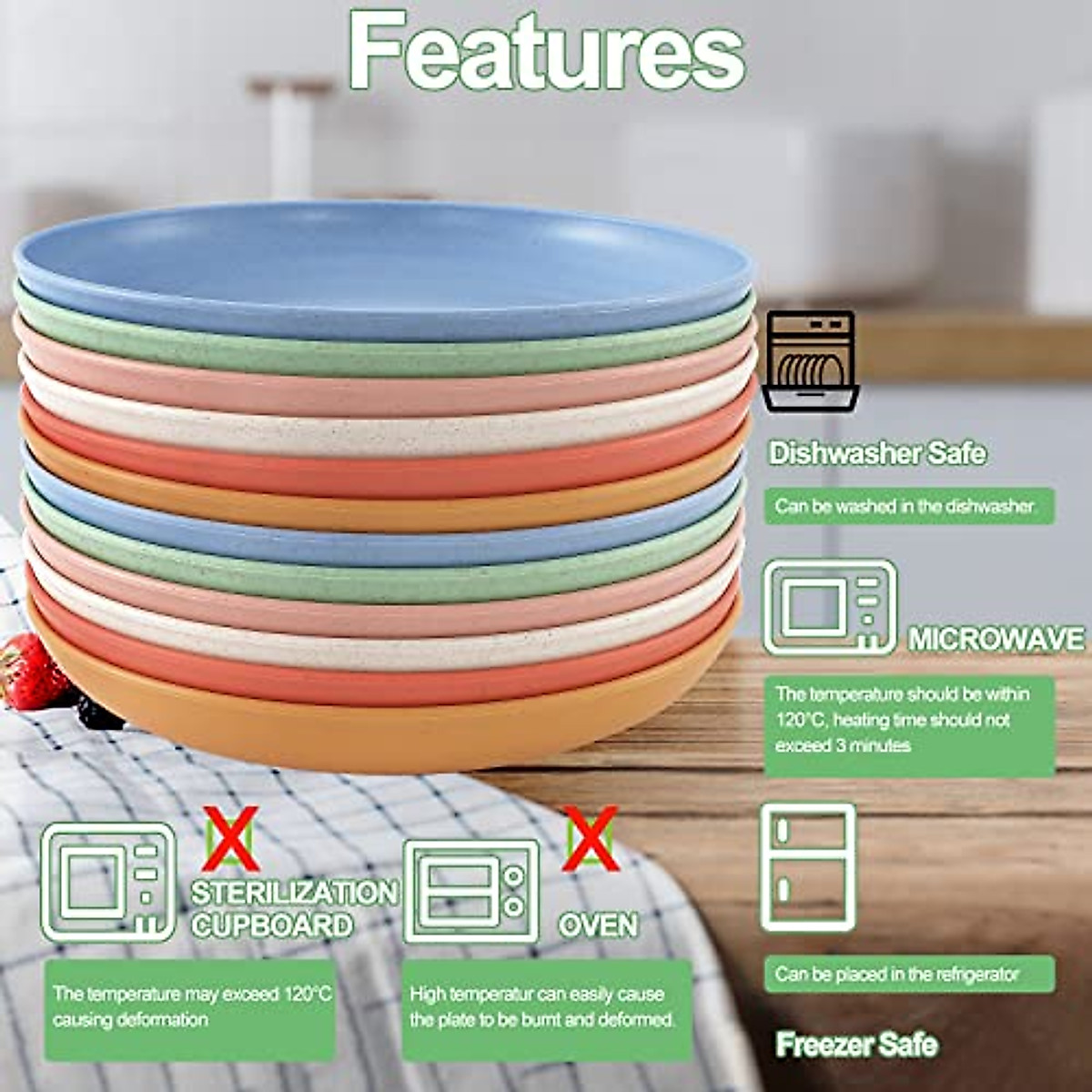 Dwrttow 12 Pack Wheat Straw Plates,9 Inch Lightweight Straw Plates,Plastic Plates Reusable,Unbreakable Deep Dinner Plates,Perfect for Dinner Dishes,BPA free & Eco-Friendly,Dishwasher & Microwave Safe