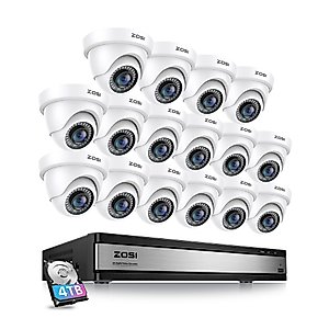 ZOSI H.265+ 1080p 16 Channel Security Camera System with AI Human Vehicle Detection, 16CH CCTV DVR and 16 x 1080p Indoor Outdoor Dome Camera, 80ft Night Vision, 105° View Angle, Alert Push, 4TB HDD