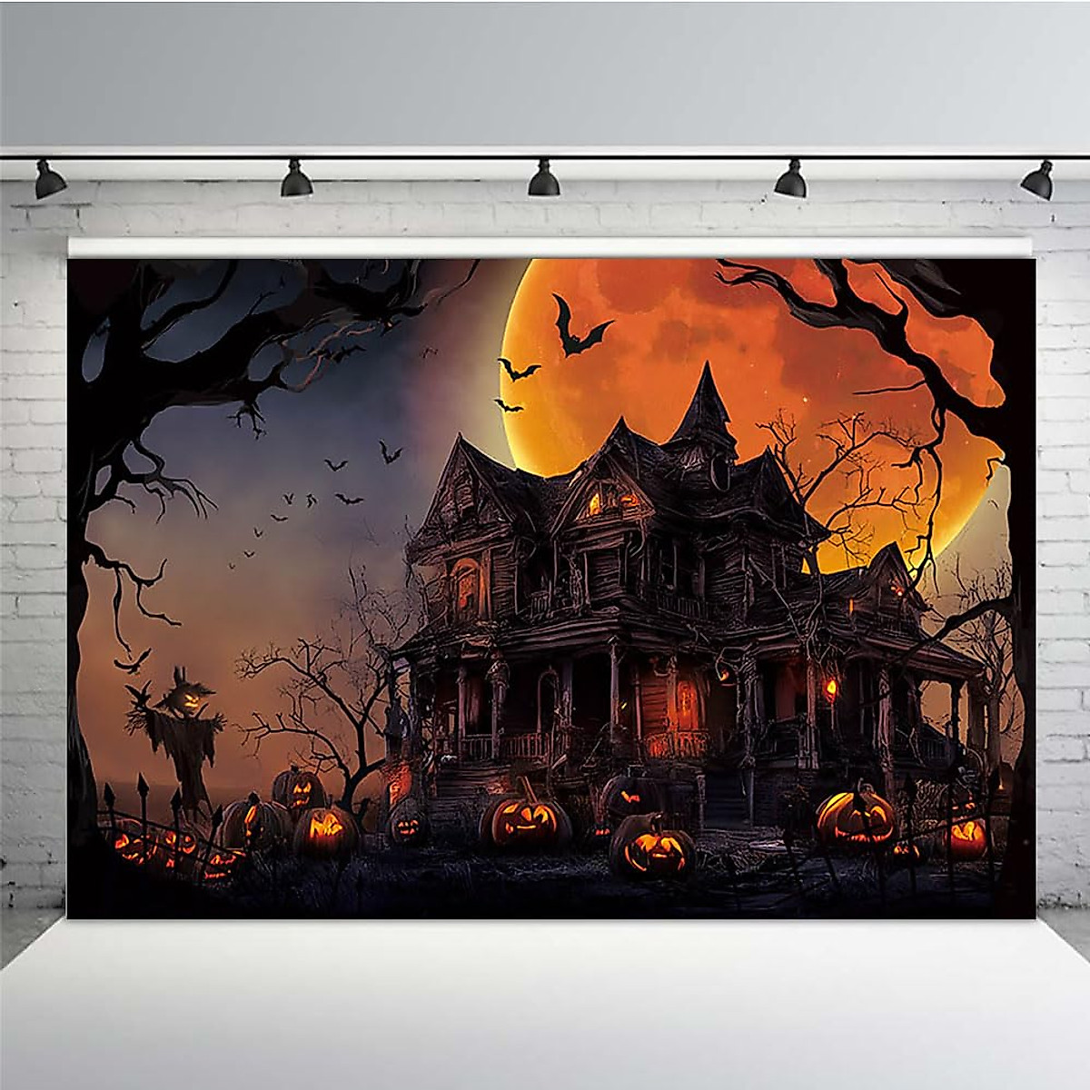 MEHOFOND 10x7ft Scary Halloween Backdrop Moon Night Full Moon Bat Scary Pumpkin Horrible Halloween Background Gloomy Woods Trees Flying Bats Scary Crows Party Decoration Banner Props