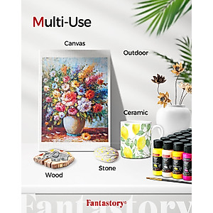 Fantastory Acrylic Paint Set, 24 Classic Colors(2oz/60ml), Professional Craft Paint, Art Supplies Kit for Adults Canvas/Fabric/Rock/Glass/Stone/Ceramic/Model/Wood Painting with 12 Brushes