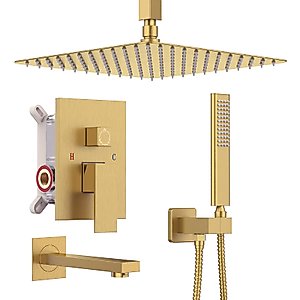 Iriber Ceiling Brushed Gold Rain Shower System with Waterfall Tub Spout 3 Function Shower Faucet Set Contain 12 Inch Shower Head and Handheld Brushed Brass Shower Trim Kit (Valve Included)