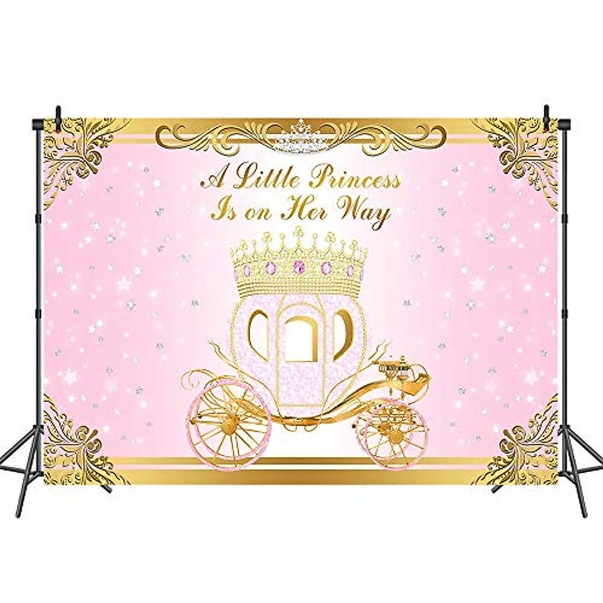 Mocsicka Little Princess Baby Shower Backdrop Pink Princess Carriage Gold Crown Baby Shower Background 7x5ft Silver Little Stars Girls Baby Shower Banner Decorations for Photobooth Props