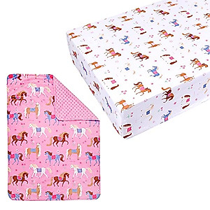 Wildkin Cotton Fitted Crib Sheet Bundle with Plush Throw Blanket (Horses)