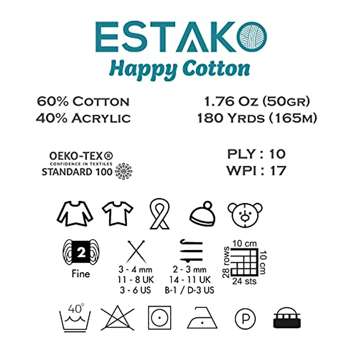 Estako Happy Cotton, 60% Cotton 40% Acrylic Yarn, Soft, Fine / Sport (2) for Crochet and Knitting 1.76 Oz (50g) / 180 Yrds (165m) ( 4910 - Green )
