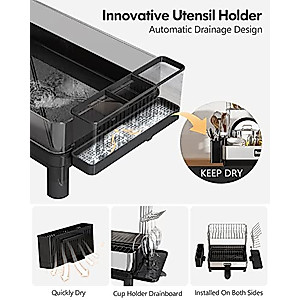 BOOSINY Dish Drying Rack with Drainboard Set, 304 Stainless Steel Dish Rack, 2 Tier Extra Large Dish Drainer with Cup Holder and Utensil Holder for Kitchen Counter of Big Family