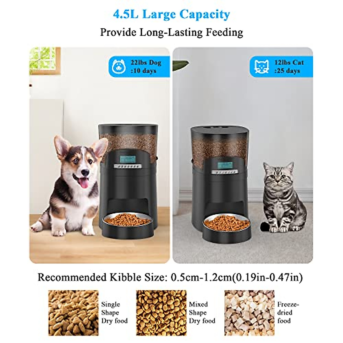 Cat Feeder, HoneyGuaridan 4.5L Automatic Pet Feeder for Dogs Food Dispenser Auto Cat Feeder – 6 Meal Portion Control, Distribution Alarm, Programmable Timer Feeder, Customizable Voice Recorder Black
