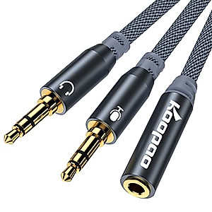 KOOPAO 3.5mm Splitter Headphone Mic Cable, Headset 3.5mm Female to 2 Dual Male Microphone Auido Stereo Jack Earphones Port to Gaming Speaker PC Adapter