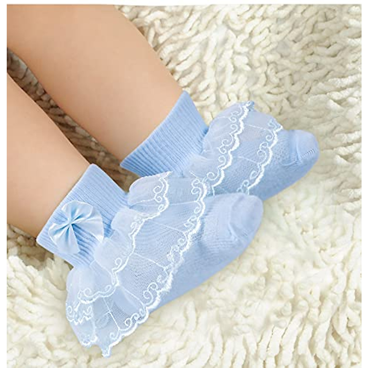 CozyWay Toddler Socks Lace Ruffle Baby Girl Socks Frilly Eyelet Trim Ankle Dress Socks 0-6 Months Multi Color - 6 Pack