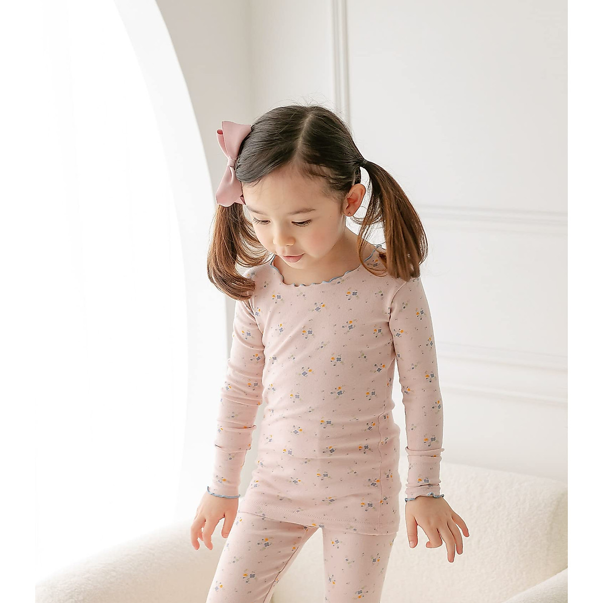 AVAUMA Baby Boys Girls Pajama Set 6M-7T Kids Cute Toddler Snug fit Flower Pattern Design Pjs Cotton Sleepwear Ruffled Shirring (Bling.Pink.S)