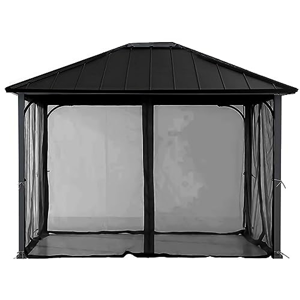 Sunjoy Hildreth 11 x 13 Foot Screened Gazebo Canopy Outdoor Pergola Tent with Steel Roof and Aluminum Posts for Backyard Patio Shade, Black