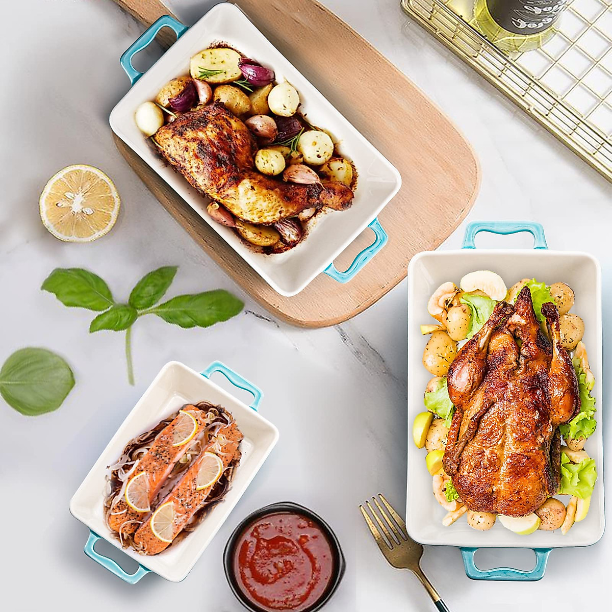 Hacaroa Set of 3 Ceramic Baking Dishes, Rectangular Bakeware with Handles, Elegant Casserole Dish Set Lasagna Pan for Baking, Cooking, Cake Dinner, Banquet, Lake Blue, 3 Sizes