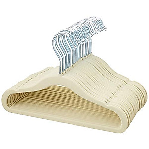 Amazon Basics Slim, Velvet, Non-Slip Suit Clothes Hangers, Ivory/Silver - Pack of 50 & Kids Velvet, Non-Slip Clothes Hangers, Beige - Pack of 30