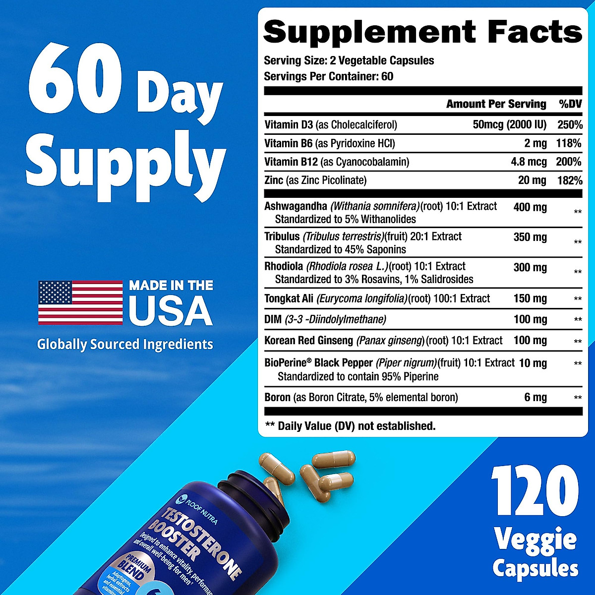 Testosterone Booster Supplement for Men - Male Enhancing Test Boost - Ashwagandha, Tongkat Ali, Rhodiola, Tribulus, Vitamin D3, B6, B12 - Workout, Muscle Builder, Strength, Energy, Performance - 120ct