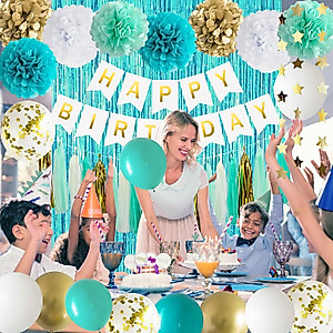 Teal Blue and Gold Birthday Party Decorations with Happy Birthday Banner,Foil Fringe Curtain,Tissue PomPoms,Star String Garland for Women Girls Party Decorations