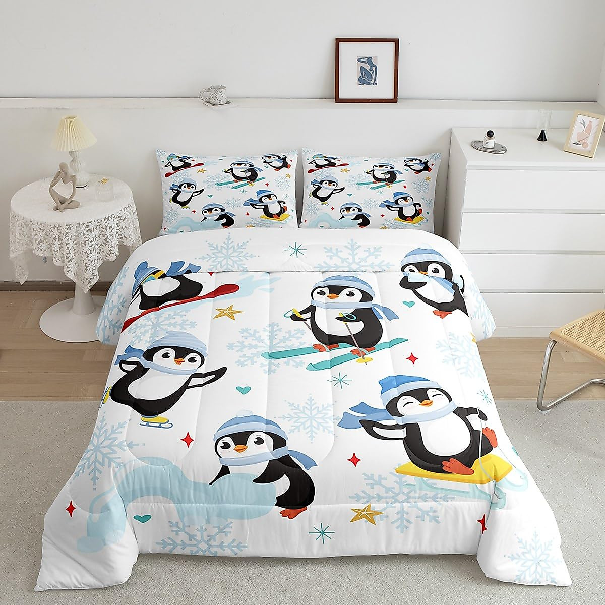 Winter Snowflake New Year Bed Comforter Set Queen Size,Cute Cartoon Skiing Penguin Super Soft Microfiber Bedding Set for Girls Boys,Merry Christmas Theme Decorative Quilter Set