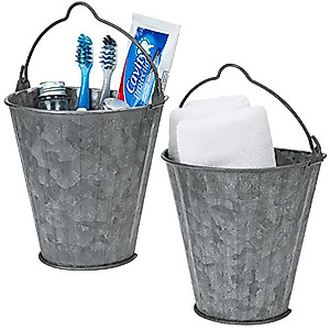 MyGift Wall Mounted Rustic Galvanized Metal Bathroom Toothbrush Holder Toothpaste Holder Bins, Mini Decorative Toiletries and Accessories Storage Buckets, Set of 2