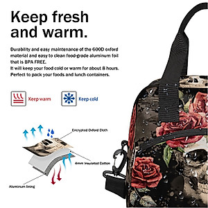 Gothic Sugar Skull Red Rose Lunch Bag Adjustable Shoulder Strap Cooler Bag Reusable Zipper Insulated Lunch Tote Bag for Work Picnic Camping School
