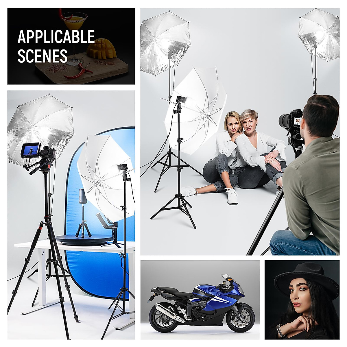NEEWER 600W Photography Lighting Kit, Incandescent Equivalent Studio Kit with (2)White Umbrella, (2)Black Umbrella, (3)24W LED Bulb, (3)Light Stand, (2)Bag, (5)Cable Tie, (3)E26 Socket Base, NK500