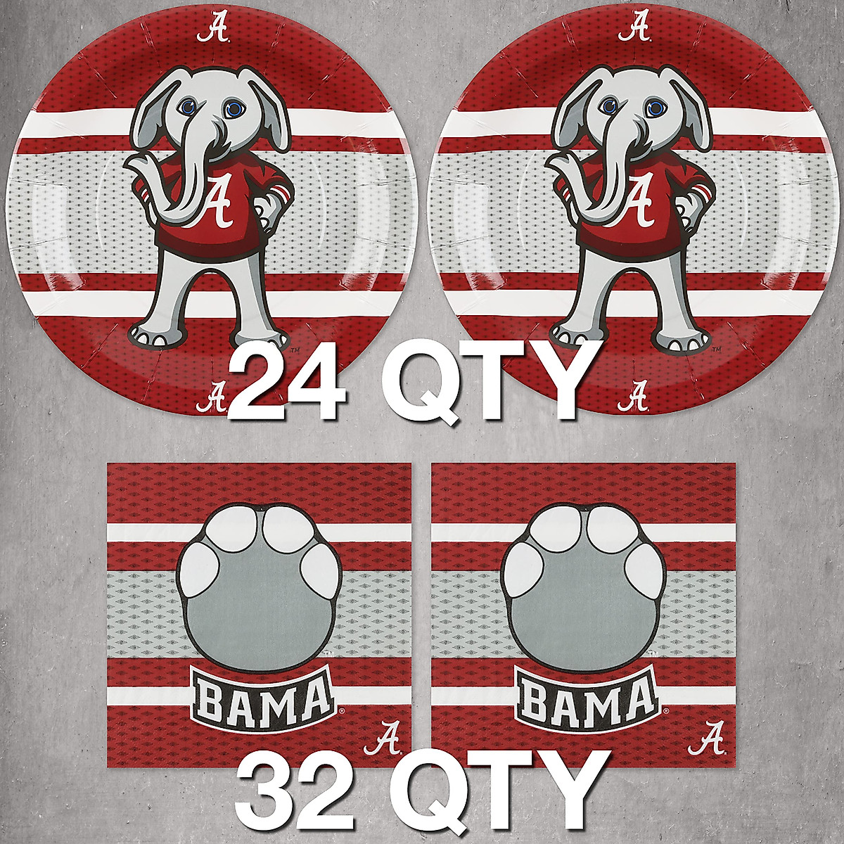 Havercamp University of Alabama Party for 24. Includes 24 Lg. Plates & 32 Luncheon Napkins. Party with Big Al! For Graduation, Tailgate, Birthday, or any Roll Tide Event