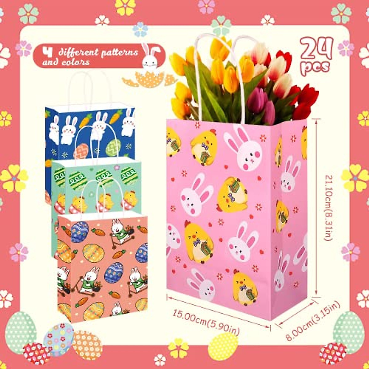 KINQKESO 24 PCS Easter Gift Bags,Easter Bags with Handle for Party Favor,Happy Easter Eggs Bunny Tote Gift Bags Kraft Paper Candy Goodie Treat Bags Bulk for Kids Easter Party Favor Supplies