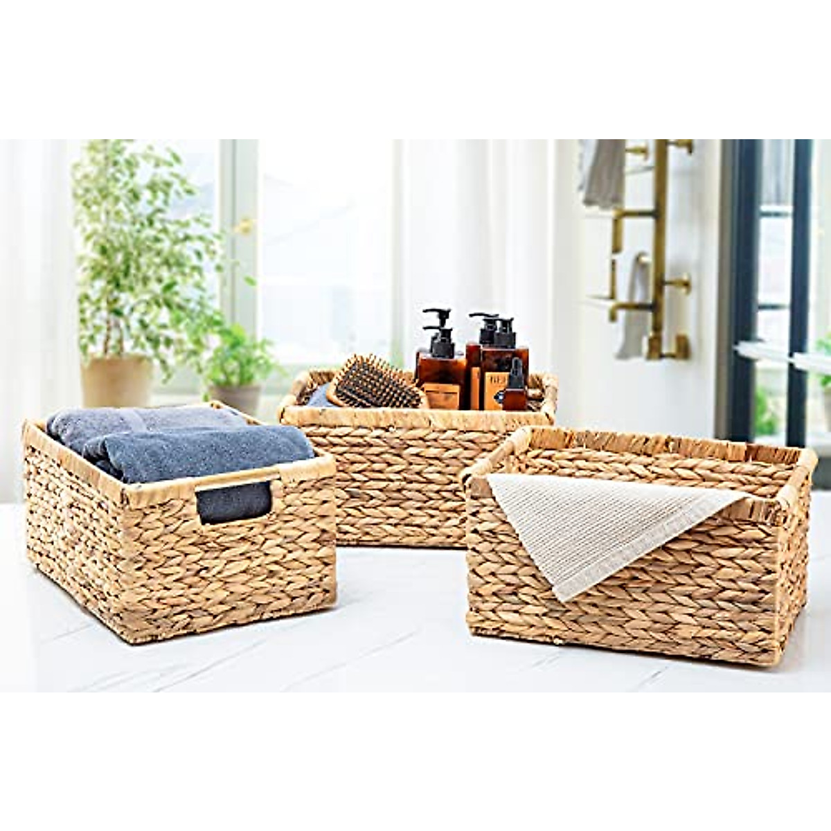 Large Wicker Basket Rectangular with Wooden Handles for Shelves, Water Hyacinth Basket Storage, Natural Baskets for Organizing, Wicker Baskets for Storage 14.5 x 10.3 x 7.5 inches - 3 Pack